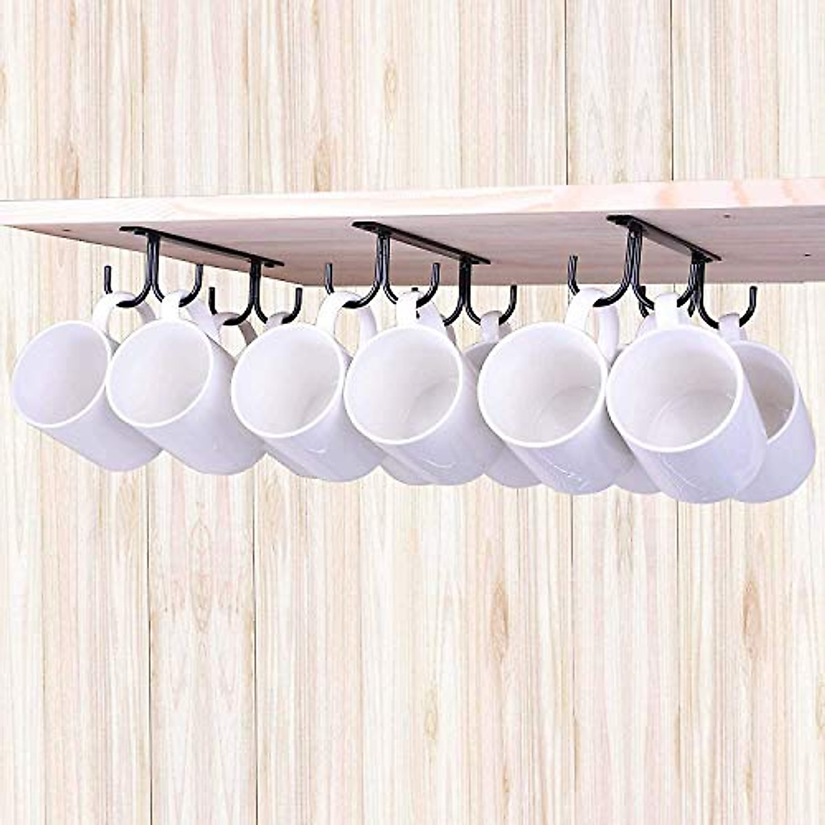FOLOU Under Cabinet Mug Rack, Rustic Mug Organizer Rack Cup Holder Under Shelf 12 Hanging Hooks Rack for Mugs, Coffee Cups and Kitchen Utensils Display (Black 3 Pack 12 Hooks)