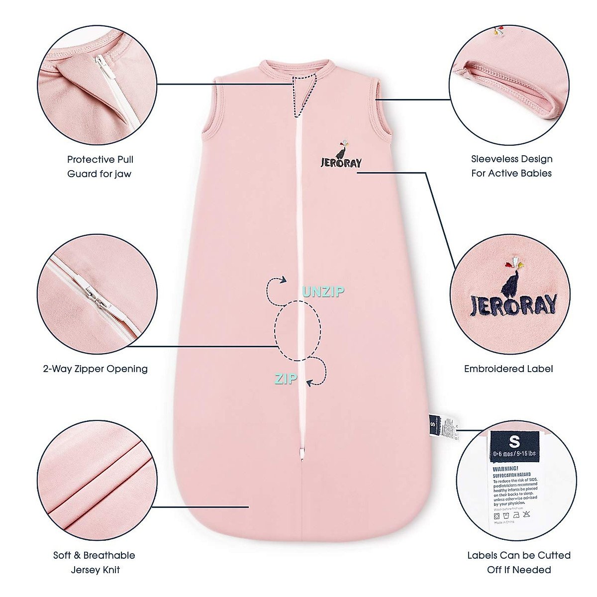 Jeroray Wearable Blanket-Stretchy Sleeping Bag,(12-18 Months) TOG 1.0,2-Pack,2 Way Zipper,Unisex,Elephant&Solid Dusty Rose,Large