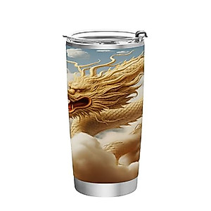 Wassud Golden Dragon 12 oz Tumbler with Lid and Straw Stainless Steel Double Wall Vacuum Tumblers Insulated Travel Coffee Mug for Cold and Hot Drinks