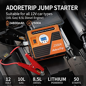 ADORETRIP Jump Starter with Air Compressor, 2500A 150PSI Car Battery Jump Starter (10.0L Gas/ 8.5LDiesel), 24000mAh 12V Jump Box Car Battery Jumper Starter Booster with Digital Display, 2 Lights