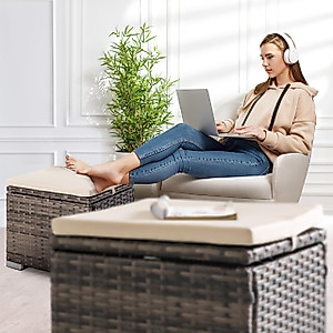 Nuu Garden 2-Piece Outdoor Patio Ottomans, All Weather Rattan Wicker Ottoman Seat with Storage, Outdoor Footstool Footrest Seat with Removable Cushion, for Patio, Backyard, Side Table, Brown and Beige