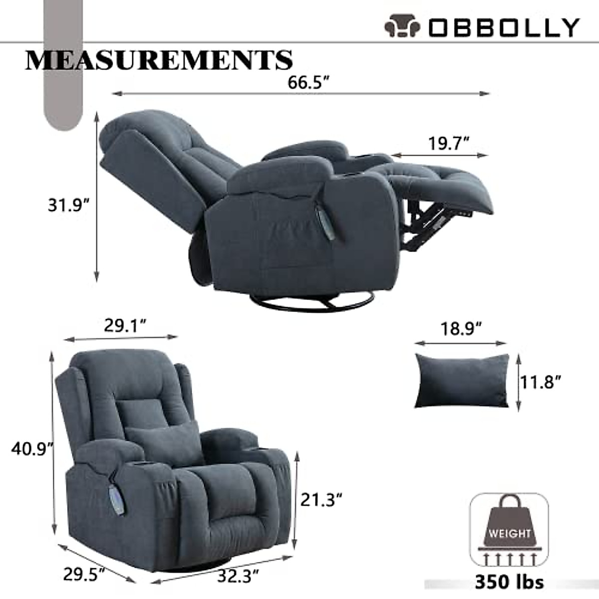 OBBOLLY Swivel Rocker Recliner Chair with Massage, Manual Glider Rocking Recliner Chair, Wingback Design 360° Swivel Chair with Lumbar Pillow, Cup Holders for Living Room (Single, Blue Grey-Linen)
