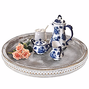 Gurfuy Round Wooden Decorative Tray 16” - Rustic Wood Serving Tray for Farmhouse Vintage for Coffee Table Trays Living Room Kitchen Counter Breakfast washwhite