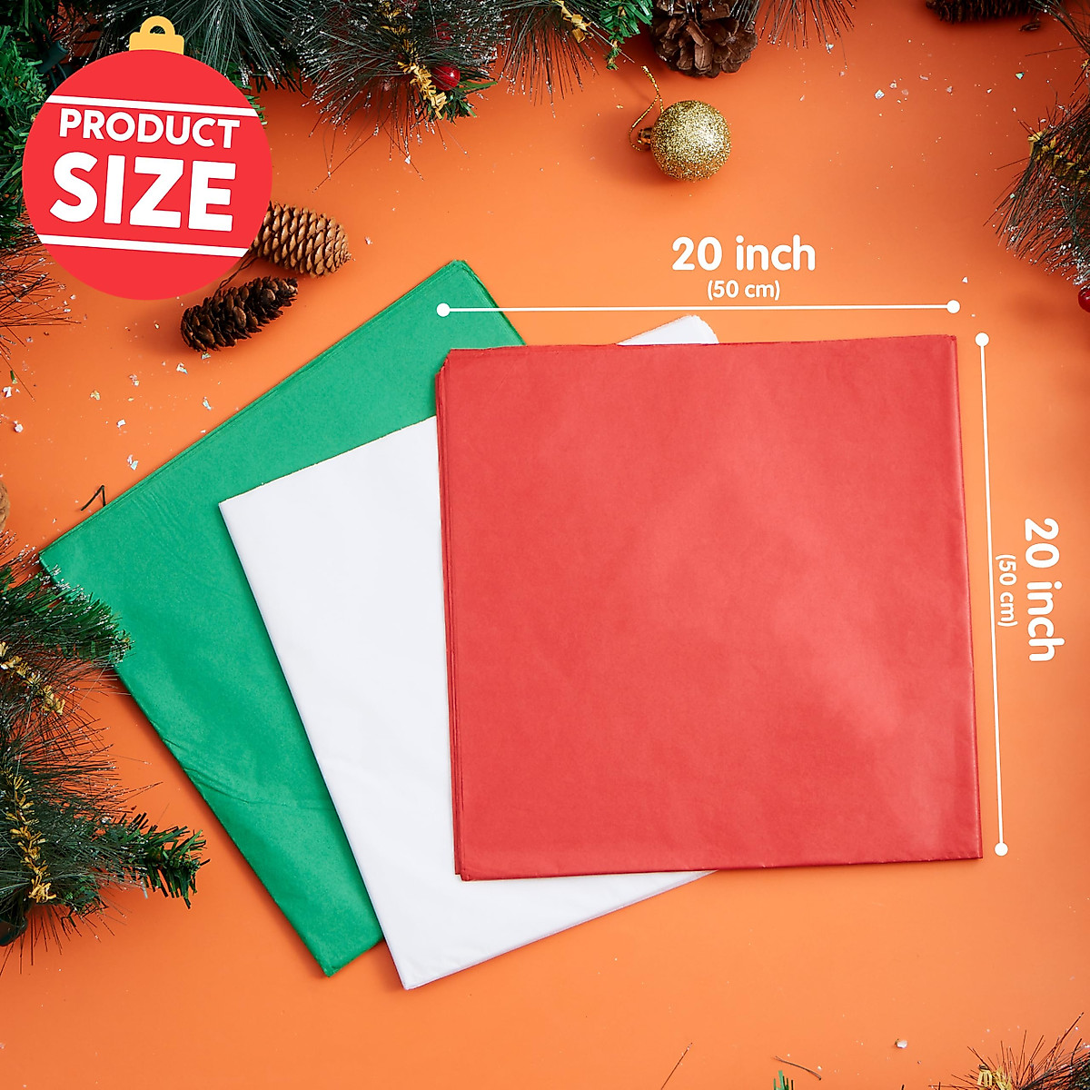 JOYIN 72 Sheets Christmas Tissue Paper Assortment (Red, Green & White) in 20" x 20" for Christmas Wrapping Tissue Paper, Party Supply