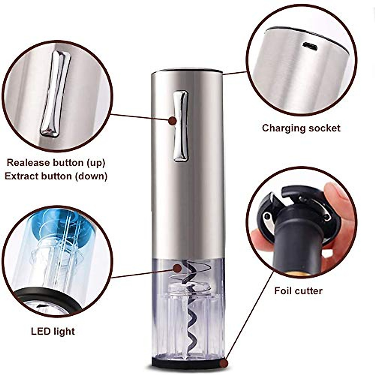 Abuzhen Electric Wine Opener, with Foil Cutter, Vacuum Stopper and Wine Aerator Pourer & USB Charging Cable,Automatic Corkscrew Bottle Opener for Wine Lover 4-in-1 Gift Set, Stainless Steel
