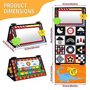OKOOKO Tummy Time Floor Mirror Black and White High Contrast Baby Toy with Safe Mirror Soft Dinosaur Book Silicone Teethers Tummy Time Toy Montessori Sensory Toy for Newborn Baby Infant 0-12 Months