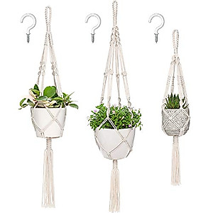 Mkono Macrame Plant Hangers, 3 Different Sizes Indoor Hanging Planters Basket Decorative Flower Pots Holder Stand Boho Home Decor, Ivory