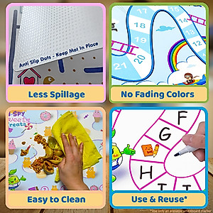 Toddler Placemats (12 to 48 Months) Set of 4 Placemats, Education Placemats for Kids, Non Slip Placemats for Dining Table, Easy to Clean Wipeable Reusable Plastic Placemats