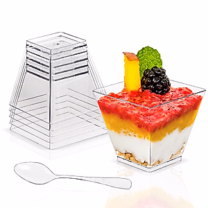 HOUSEEN Dessert Cup, 50pcs Dessert Cups Container 58ml with Spoons, Cake Serving Bowl Mini Appetizer Bowls Clear Parfait Cups for Party Event and Catering