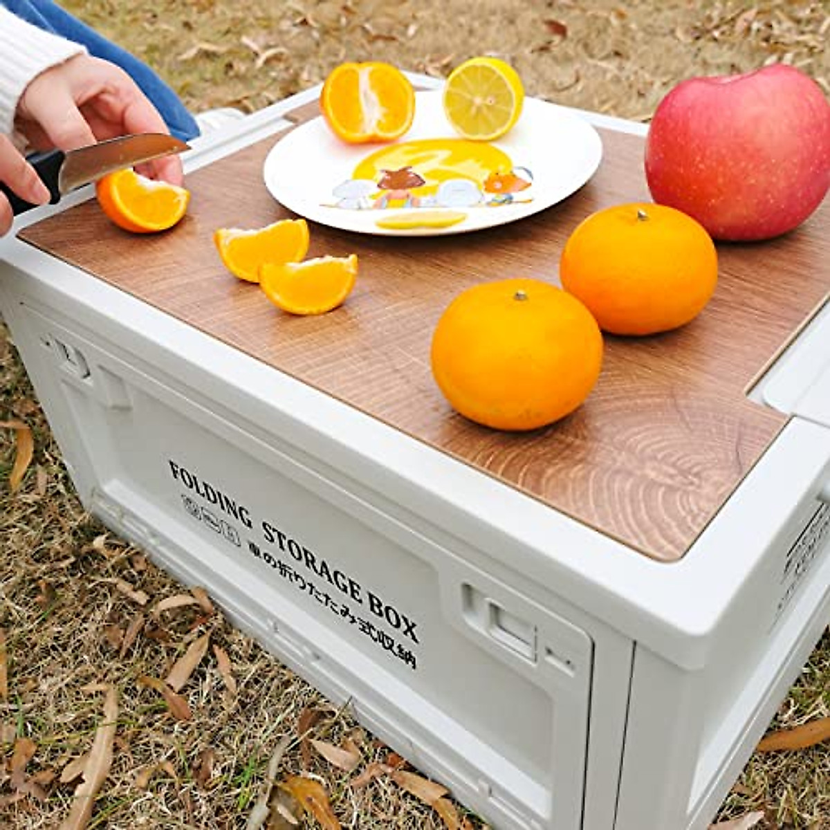 YOHOUYEAR Folding Storage Box with Wooden Lids and Doors,47.5 Qt./45L Stackable Collapsible Closet Organizer,Outdoor Multifunctional Plastic Bins,Camping,Car Trunk,Home Sorting