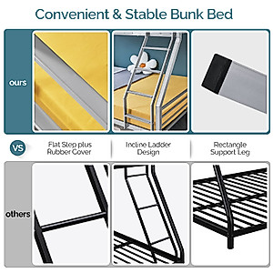 Bonnlo Bunk Beds Twin over Full Size with Flat Rung Steps, Heavy Duty Bunk Beds for Kids/Teens/Adults,13 inches Reinforced Guardrail, Gray