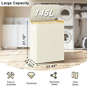 Bellzacasa Double Laundry Hamper with Lid, 145L Large Collapsible Hampers for Laundry with Removable Laundry Bags, Divided Dirty Clothes Laundry Basket for Laundry Room, Bedroom, Bathroom (Beige)