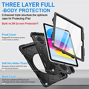 SUPFIVES Case for iPad(A16) 11th 11''2025/ 10th Generation 10.9'' 2022,Heavy Duty Silicone Case with Screen Protector/Pencil Holder/Rotating Stand/Handle/Shoulder Strap(Black)