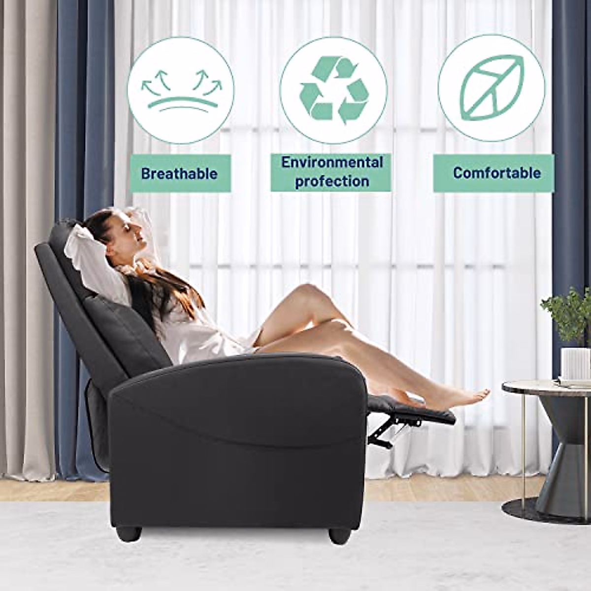 Recliner Chair Living Room Chairs Recliner Chairs for Adults Comfy Winback Single Sofa PU Leather Home Theater Seating Push Back Recliners with Massage Function - Black