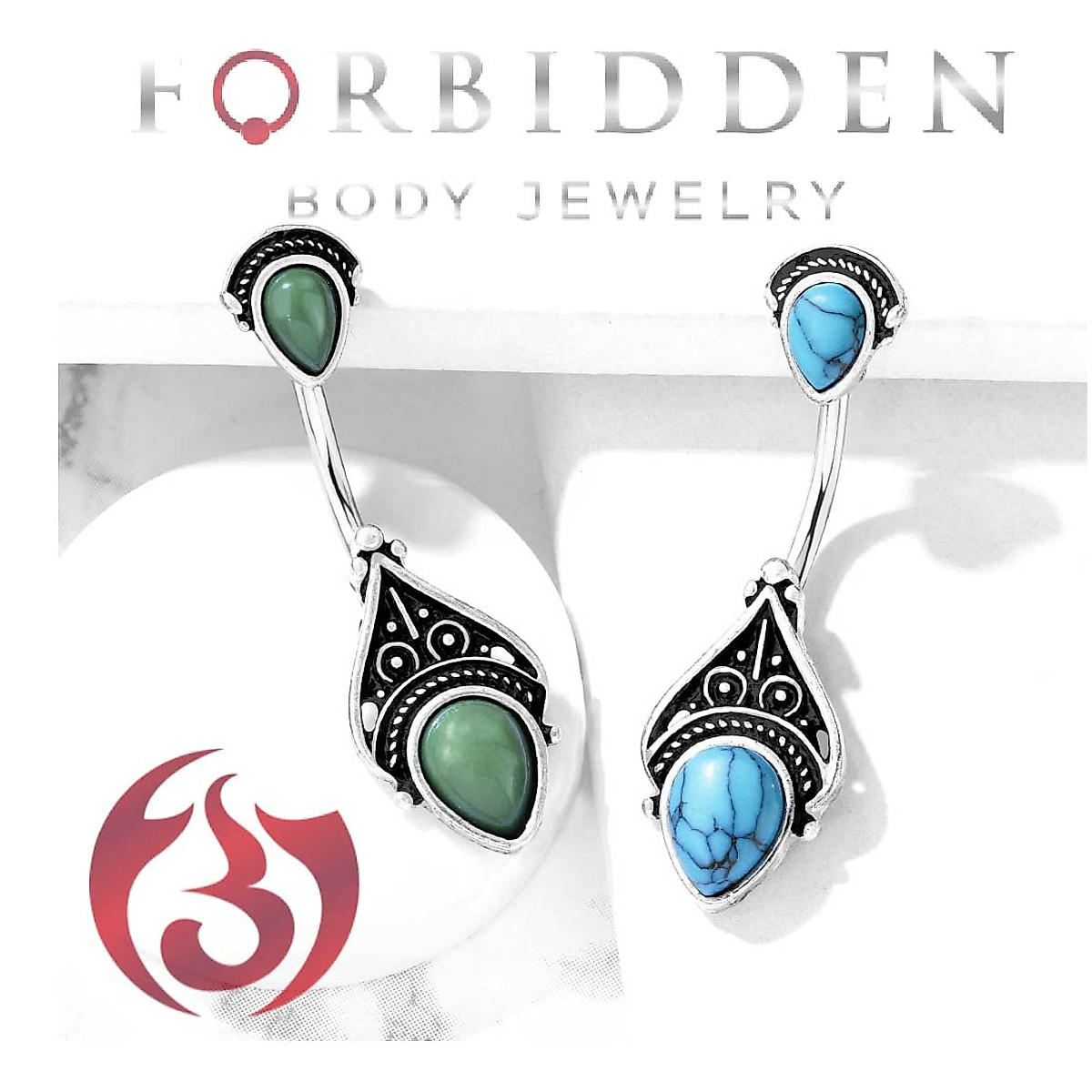 Forbidden Body Jewelry Surgical Steel Tribal Vintage Filigree Belly Ring, Faux Jade Semi Precious Stones