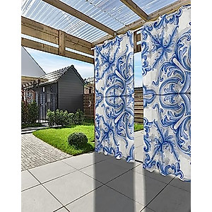 Outdoor Curtains for Patio,Retro Bohemian Tile Pattern Grommet Outside Curtains Windproof Privacy Panels with Tieback,Ethnic Blue Damask Weighted Window Treatment Indoor/Outdoor Drapes 54x84in