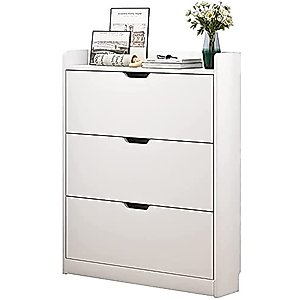 Shoe Bench Shoe Rack Organizer White Wooden Cabinet, Balcony Home Entrance Portable Pull Down Storage Cabinet 3 Tier High Capacity Storage Shoe Cabinet Space Saving
