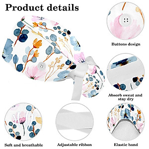 Adjustable Floral Design Scrub Cap, Working Hat Hair Cover with Ponytail Pouch, Soft Bouffant Surgical Nurse Cap