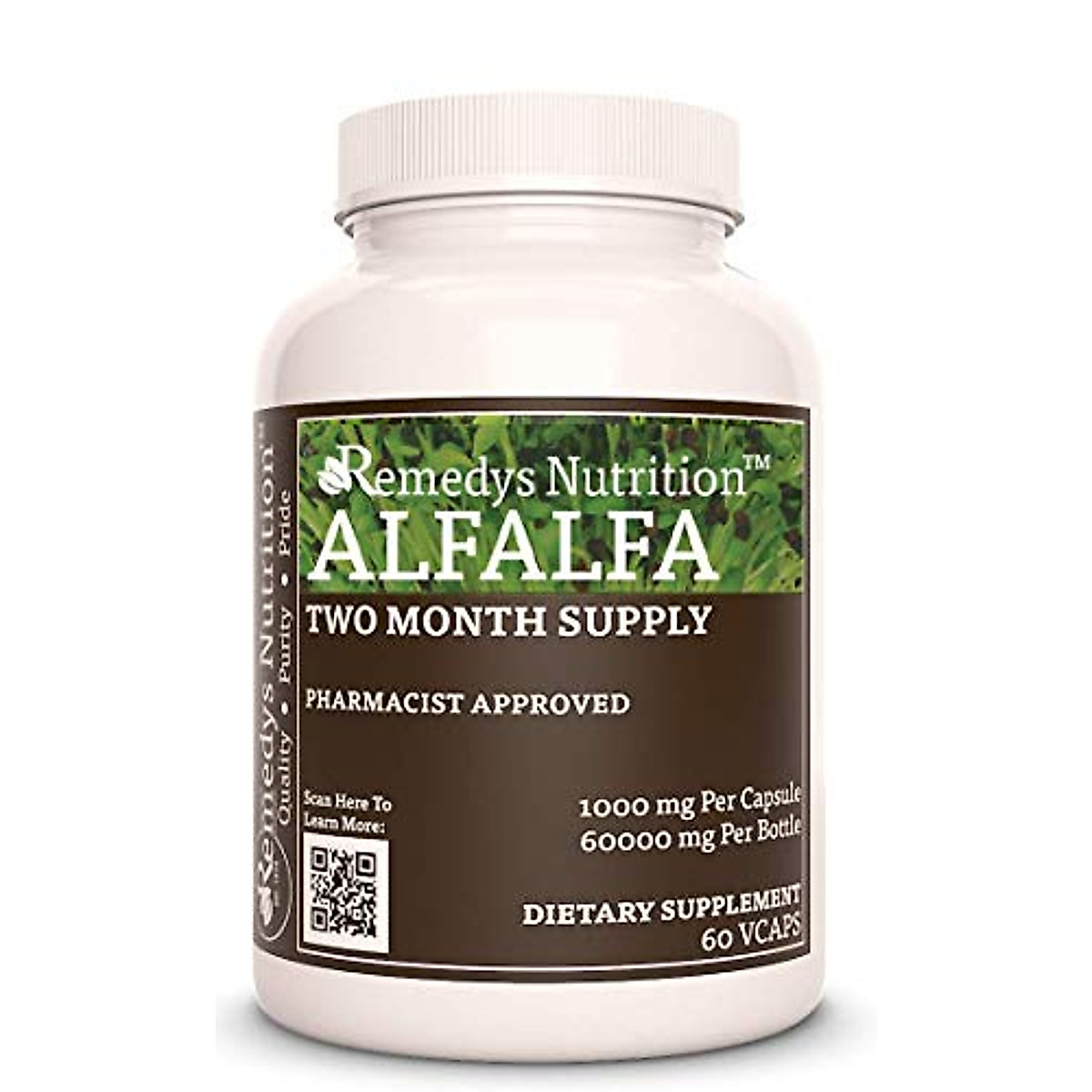 Remedy's nutrition Alfalfa 1,000mg Vegan Capsules Herbal Supplement - Non-GMO, Gluten Free, Dairy Free - Two Month Supply (60 Count)