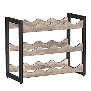 SONGMICS Wine Rack, 3 Tier Tabletop Wine Water Bottle Organizer Storage, Large Capacity Holds 12 Bottles, Bamboo Countertop Wine Holder Shelf for Kitchen Bar Cabinets Pantry, Greige and Black