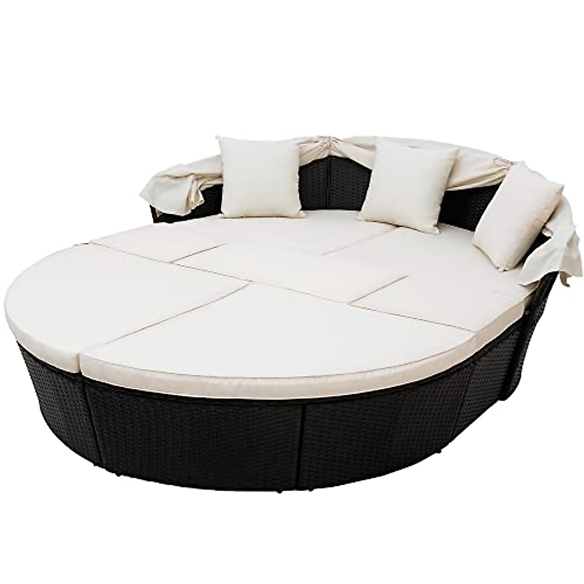 Merax Outdoor Patio Rattan Round Daybed Sunbed with Retractable Canopy, Sectional Sofa Set for Backyard and Porch Black Furniture Clamshell Seating Containing Washable Cushions, Beige_Oval