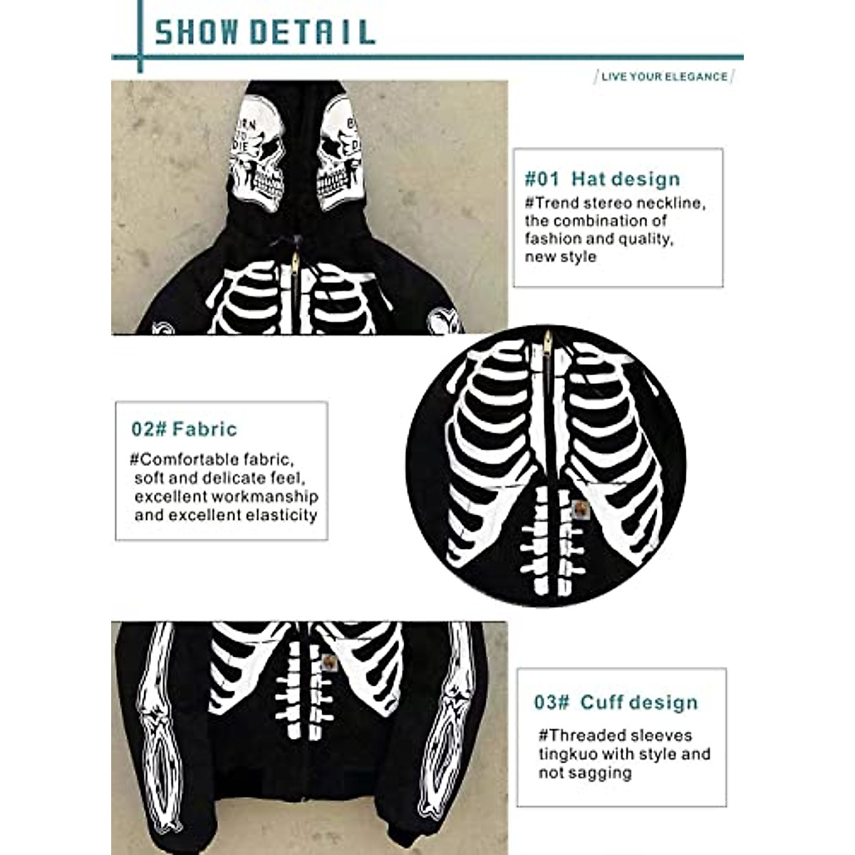 NUFR Skeleton Zip Up Hoodie Skeleton Jacket Black Oversized Streetwear Pullover Sweatshirt for Men, XX-Large