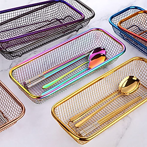 Kitchen Drawer Organizer, BuyGo Stainless Steel Storage Container Metal Cabinet Storage Basket for Holding Silverware Kitchen Utensil, Pack of 2, Rainbow