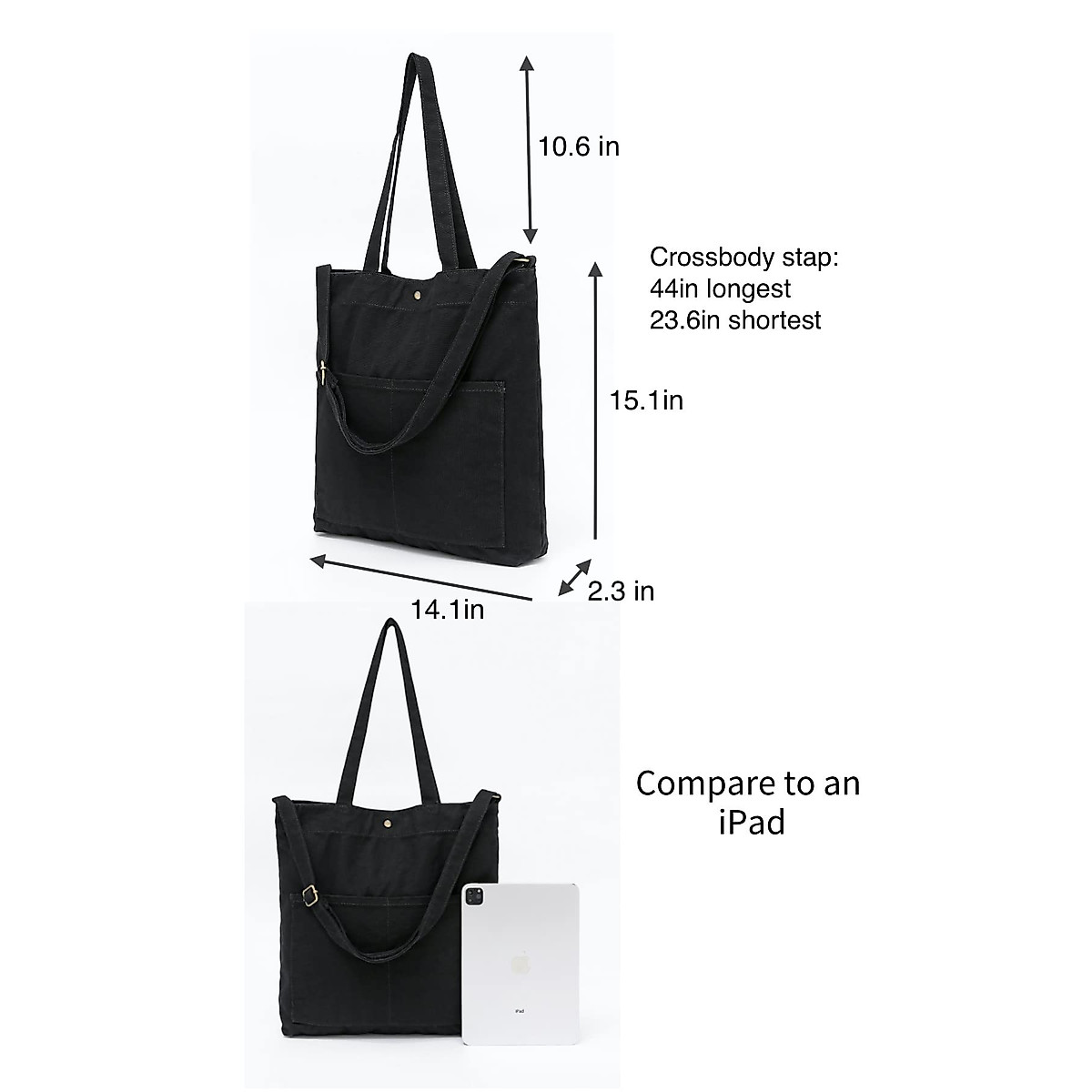Jeelow 16oz Heavy Duty Canvas Tote Bag Crossbody Shoulder Handbag for Men & Women Washed Cotton Adjustable Strap Multiple Pockets (Black 2 Way)