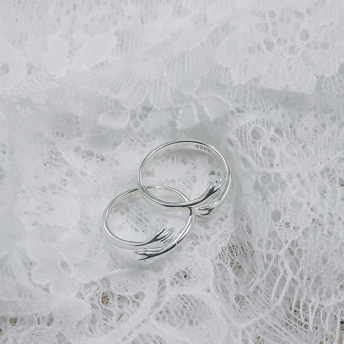 BODY16G CZCZ 925 Sterling Silver Rings Two Hands Hug Open Ring Ladies Men Wedding Rings for Women Adjustable Romantic Love Hugging Hands Open Ring