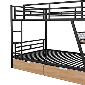Flieks Bunk Bed, Full Over Full Metal Bunk Bed Frame with Built-in Desk, Light, 2 Drawers, Safety Guard Rails and Ladder, Heavy-Duty Steel Frame Bunk Bed for Kids Teens Adults (Black)