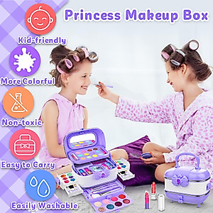 Hollyhi 58 Pcs Kids Makeup Kit for Girl, Princess Toys Real Washable Cosmetic Set with Mirror, Kids Makeup Sets for Girls, Play Make Up Birthday Gifts for 3 4 5 6 7 8 9 10 11 12 Years Old Kid(Purple)