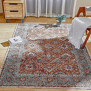 Boho Vintage Area Rug - 5x7 Large Persian Washable Living Room Rug Ultra-Thin Non-Slip Non-Shedding Print Floor Carpet for Bedroom Home