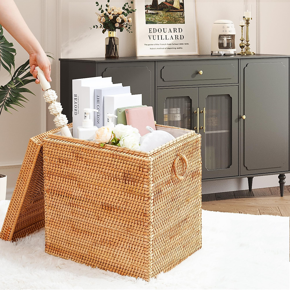 Peslran 19"×15"×21.3" Rattan Laundry Basket With Handle, Rattan Laundry Hamper With Liner Bag, Rectangle Wicker Large Hampers For Organizing Clothes Kids Toys Books