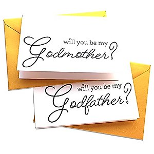 Will you be my Godparents (Godmother and Godfather) - God Parents Proposal Cards in Black-and-White Lettering, with Golden Shimmer Envelopes (Set of 2 cards) (Godmother & Godfather)
