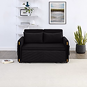 HomSof Modern Convertible Detachable Arm Pockets Velvet Loveseat Sofa with Pull Out Bed, 2 Pillows and Living Room Adjustable Backrest, Grid Design Armrests, Style D, Black