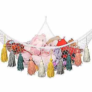 KOHUIJOO Stuffed Animal Hammock, Jumbo Stuffed Animal Net Corner Wall Hanging Toy Hammock with Tassels Kids Macrame Stuff Animals Organizer Storage Boho Mesh Toy Net Holder for Stuff Animals