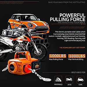 SuperHandy Electric Portable Winch Hoist Crane Lift Brushless Motor Li-Ion Battery Powered 1000Lbs/455Kgs Max Weight 20' Feet/6m Steel Braided Cable w/Locking Knob for atv truck boat trailer