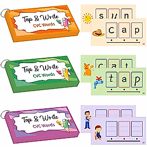 126 Cards Tap and Write CVC Words Flash Cards Laminated Tracing Practice Card Learning Letter Cards CVC Flashcards with 3 Rings for Kindergarten Preschool Kids, 8 x 4 Inch