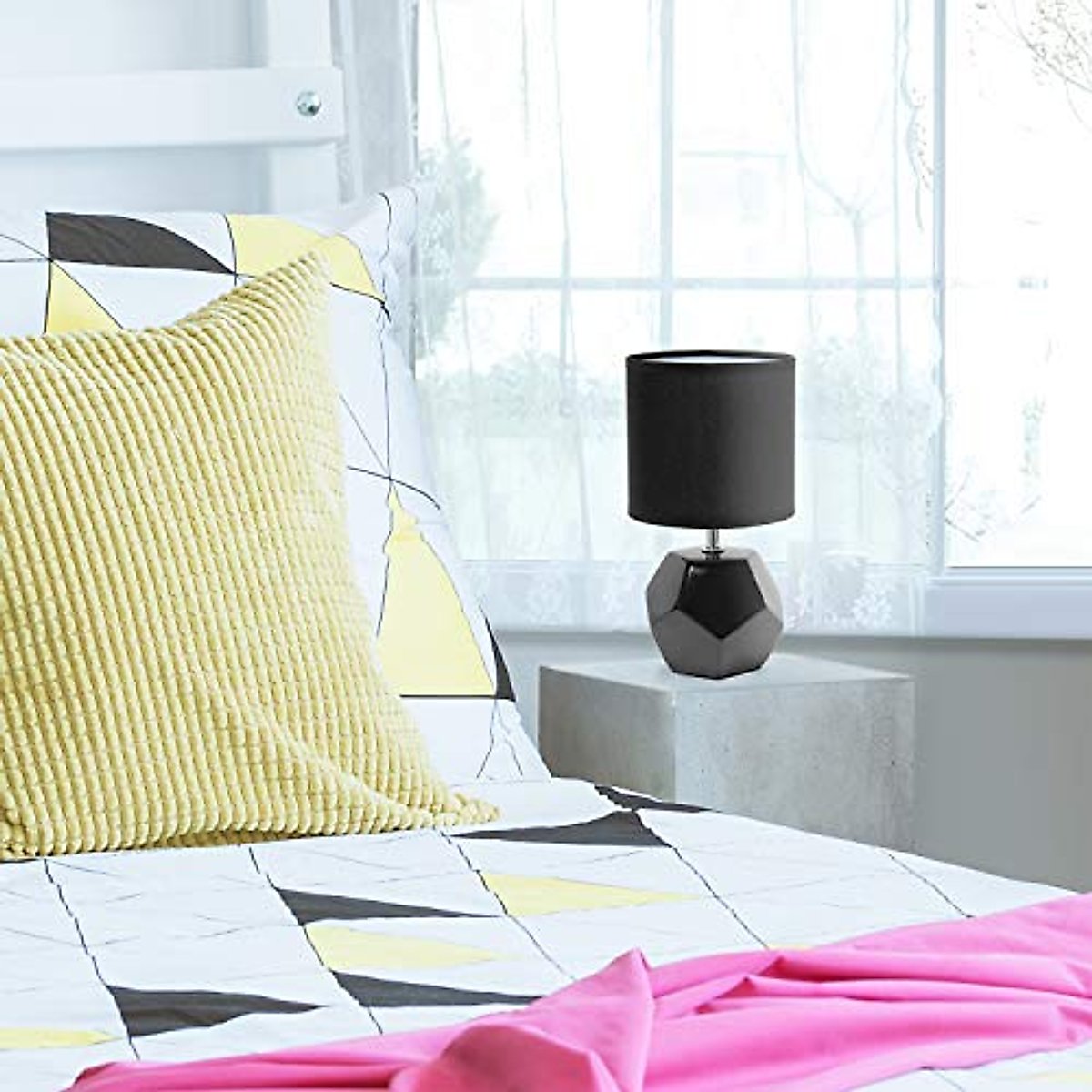 Simple Designs LT2065-BLK Round Prism Mini Table Lamp with Matching Fabric Shade, Black