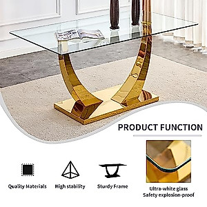 Wlvos 62.8" Rectangular Glass Dining Table for 4-6 with 0.39" Tempered Glass and Golden Chrome Metal Special-Shaped Bracket, for Kitchen Dining Living Meeting Room Banquet Hall (Golden)