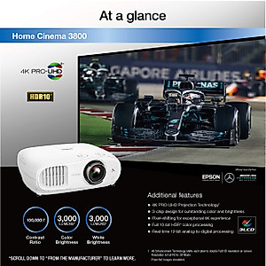 Epson Home Cinema 3800 4K PRO-UHD 3-Chip Projector with HDR , White, Extra Large (Renewed)