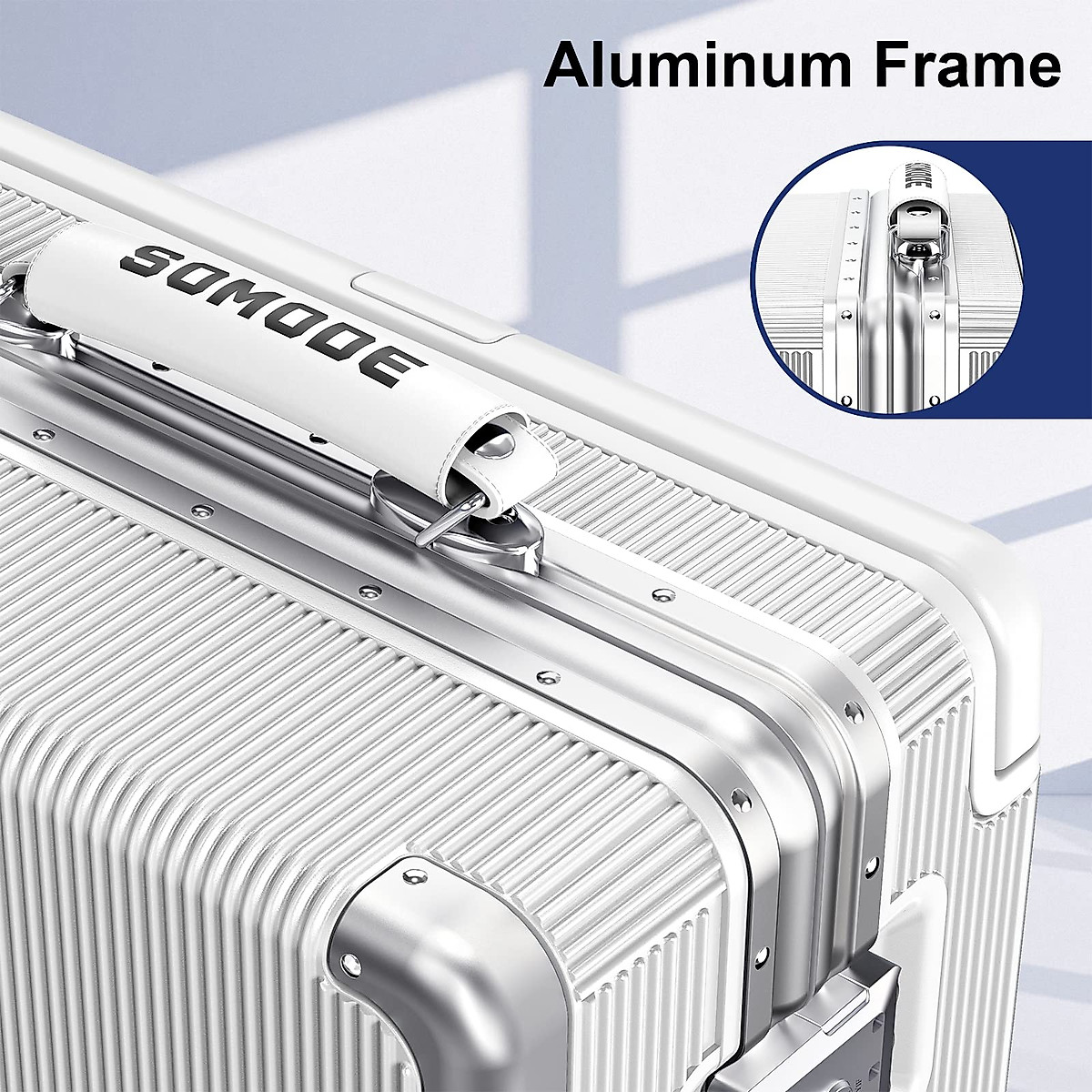 SOMODE LA SERIES Carry On Luggage 20inch Wide Handle Suitcase, Hardshell with Aluminum Frame, Supper-low noise Spinner Wheels & TSA Lock, Business Travel Carry-On Luggage (002-WHITE)