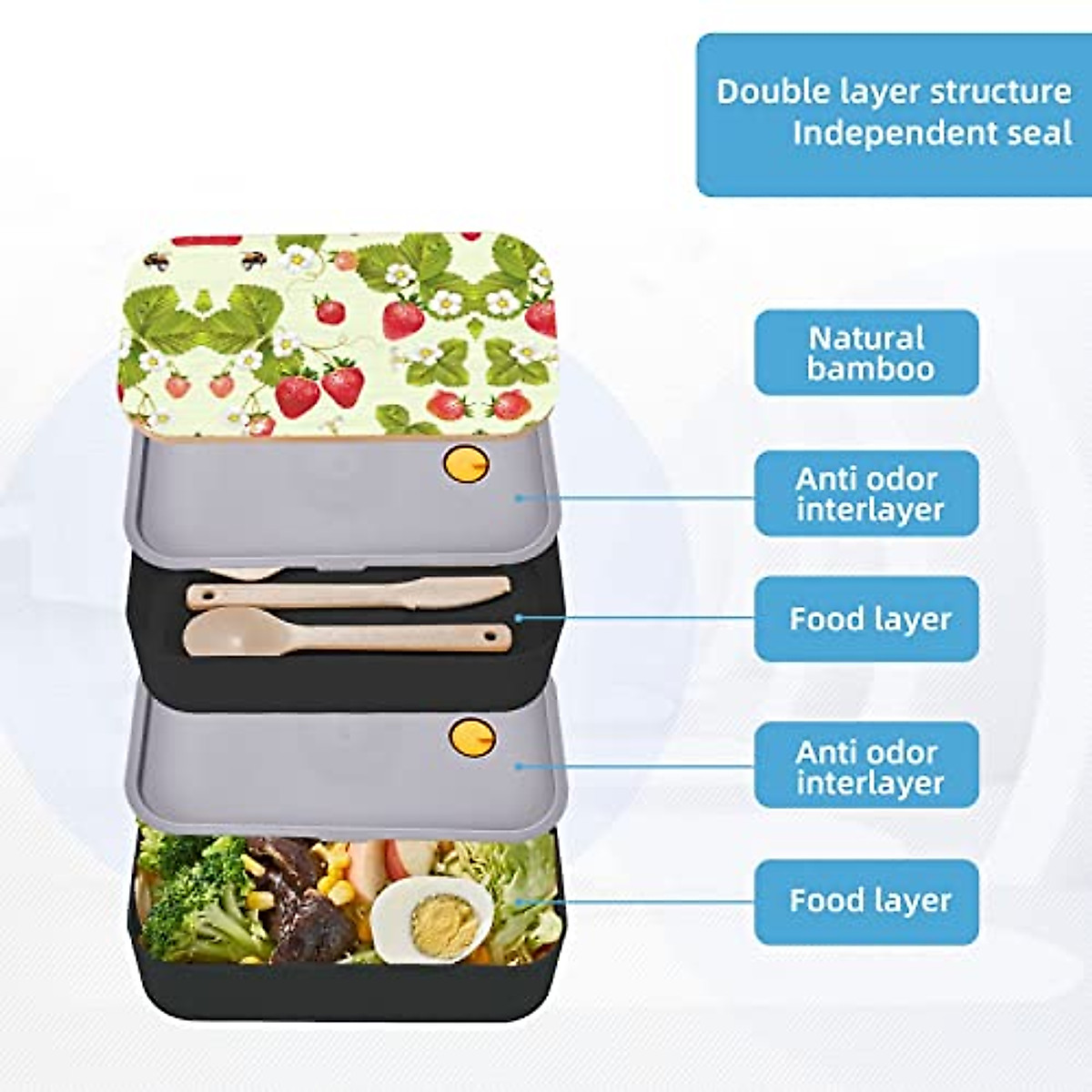 KOOLR Lovely Strawberry Print Bento Box Adult Lunch Box With 2 Compartments Stackable For Work Picnic Leak Proof Bento Box