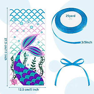 100 Pieces Mermaid Cellophane Bags Mermaid Tail Themed Treat Favor Bags Transparent Cello Bags with Blue Ribbon Cookie Chocolate Candy Goody Bags for Party, Carnival