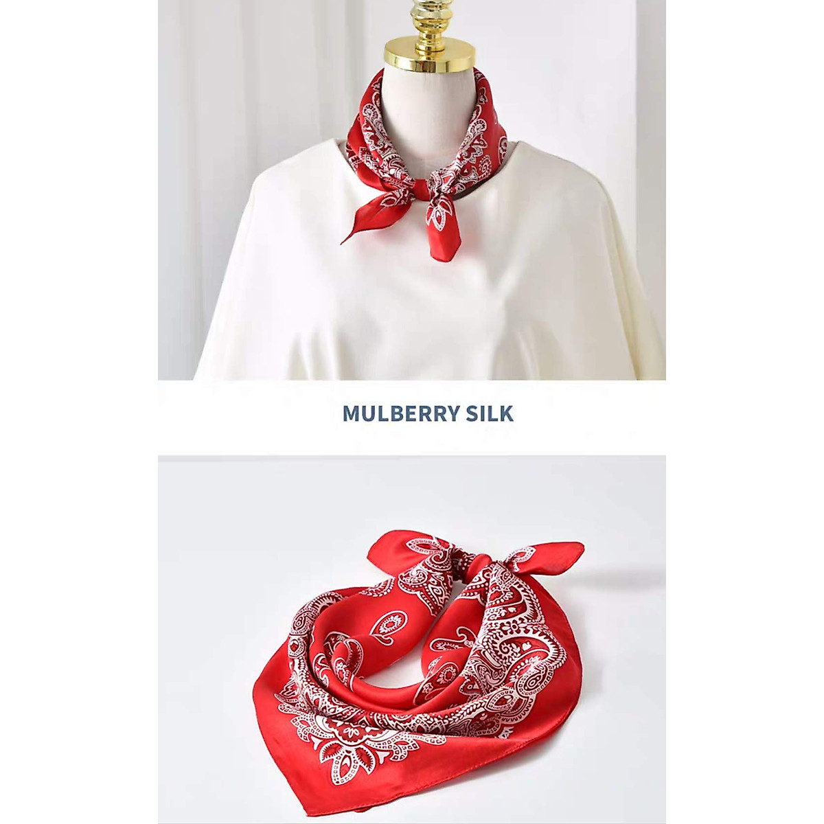 ANDANTINO 100% Real Mulberry Silk Scarf -21'' x 21''- Lightweight Neckerchief –Women Men Small Square Digital Printed Scarves (Red Paisley)
