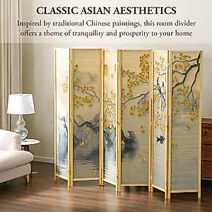 MyGift 6 Panel Large Bamboo Room Divider with Dual Sided Asian Birds Gingko Biloba Tree Sunset Design Print, Freestanding Artwork Privacy Partition Folding Screen with Beige Solid Wood Frame