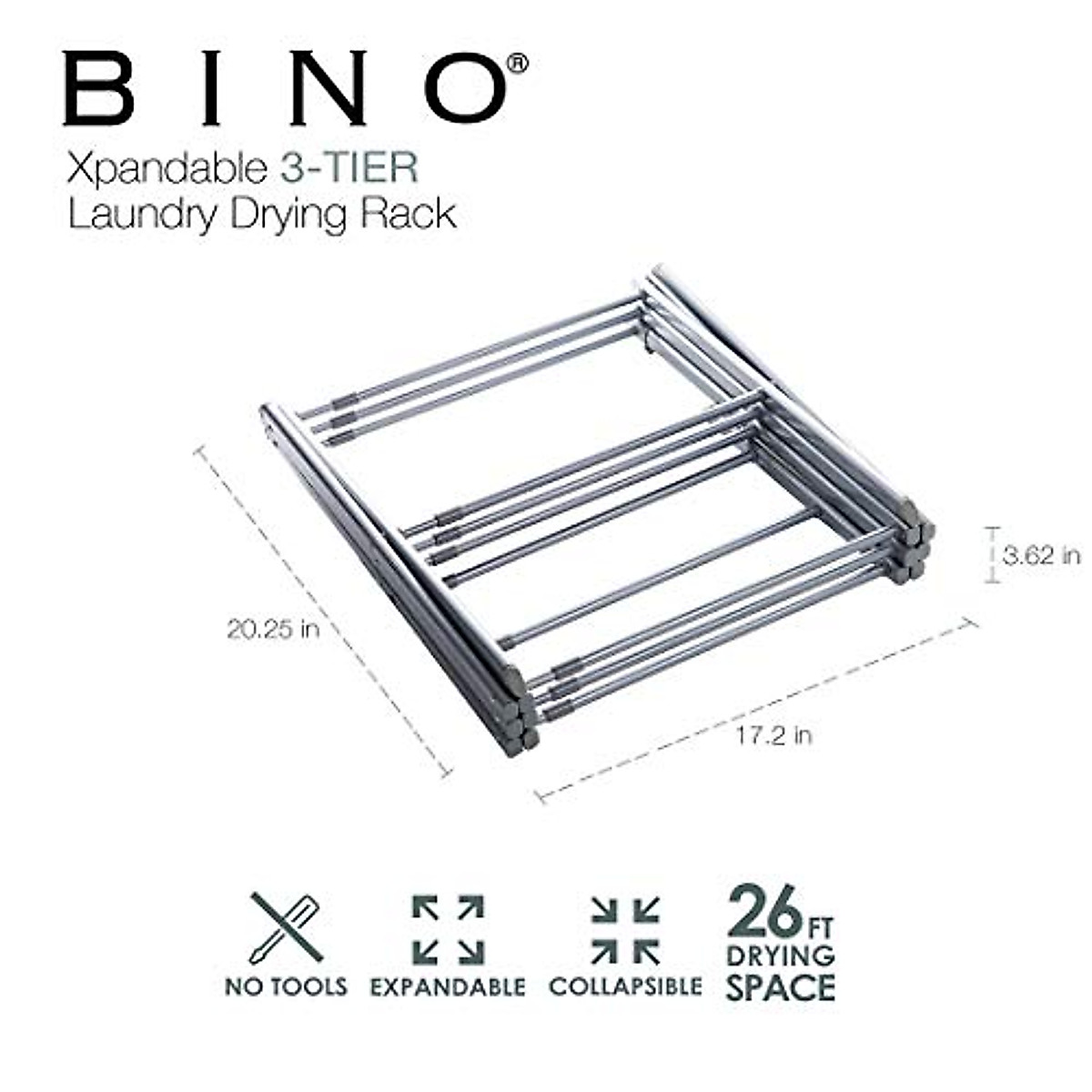 BINO 3-Tier Collapsible Drying Racks | Silver | Laundry Foldable Rack | Air Drying & Hanging | Foldable Portable Indoor & Outdoor | Space Saving Clothes Dryer Stand