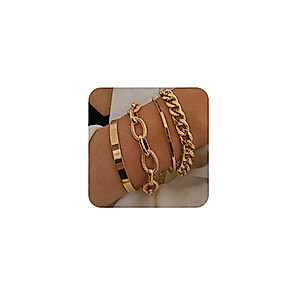 Octwine Boho Stackable Bracelet Set Gold Chunky Layered Link Bracelet Chain Jewelry for Women 4PCS Cute Simple Fashion (Gold)