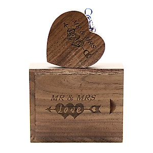 LXSINO 32GB Wood USB 3.0 Flash Drive with Laser Engraved Mr & Mrs Design - 32GB Wooden Heart Shape USB Memory Stick Thumb Drivers with Box for Wedding/Couple/Parents (Walnut 32GB)