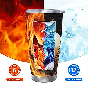 Fire Baseball Tumbler with Lid and Straw 20oz Stainless Steel Car Cup for Hot and Cold Drinks, Double Wall Insulated Travel Coffee Mug Reusable Drink Thermos Cup Birthday Gifts